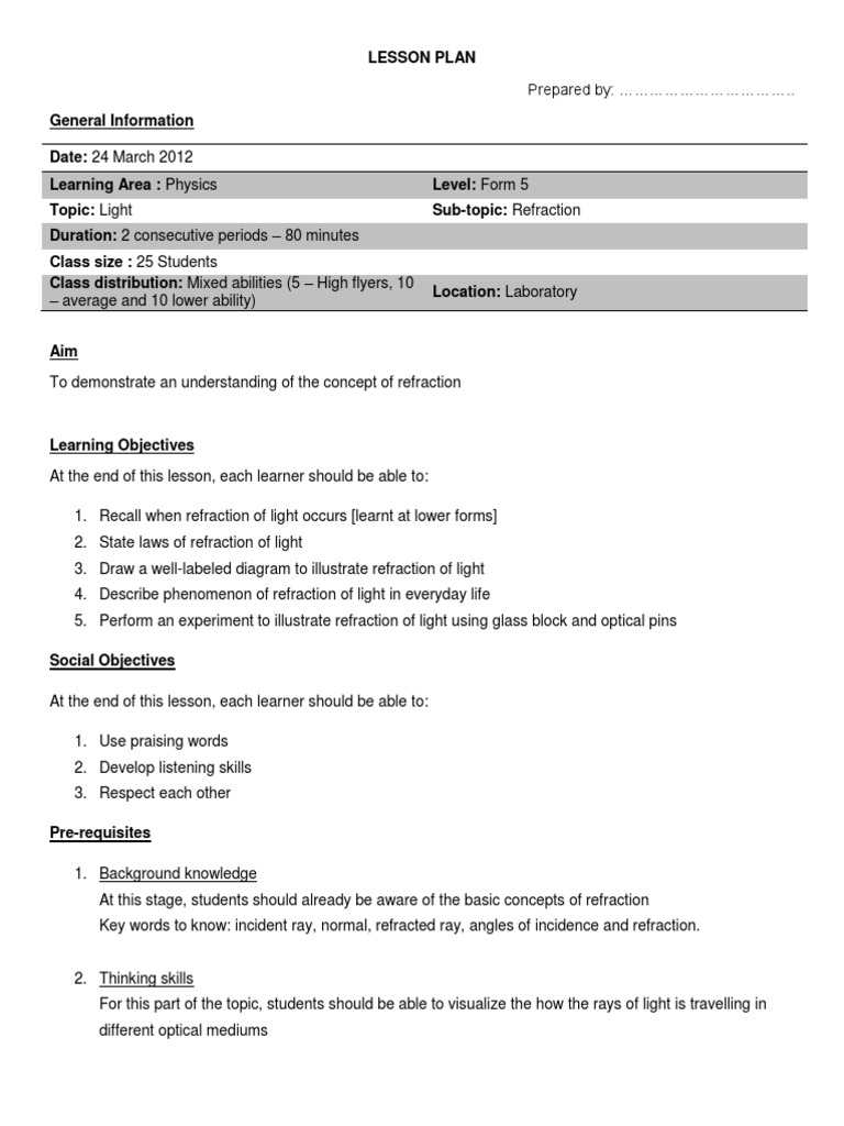 Lesson Plan | PDF | Refraction | Optics