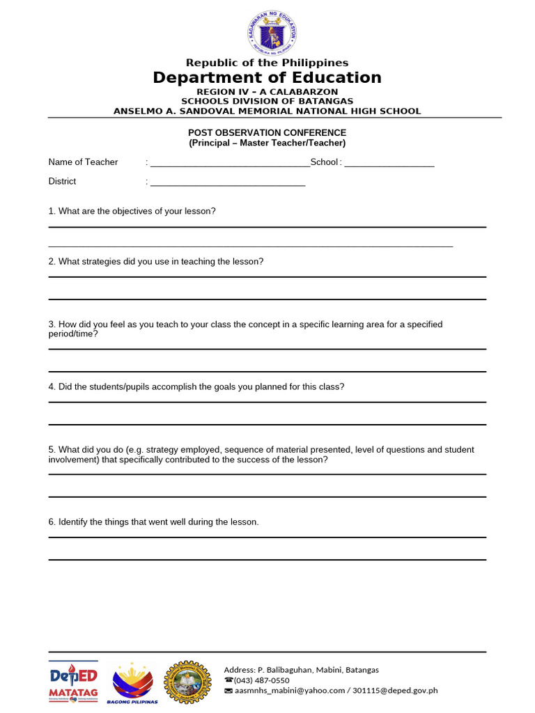 post-observation-conference-form (1) | PDF | Teachers | Chess Openings