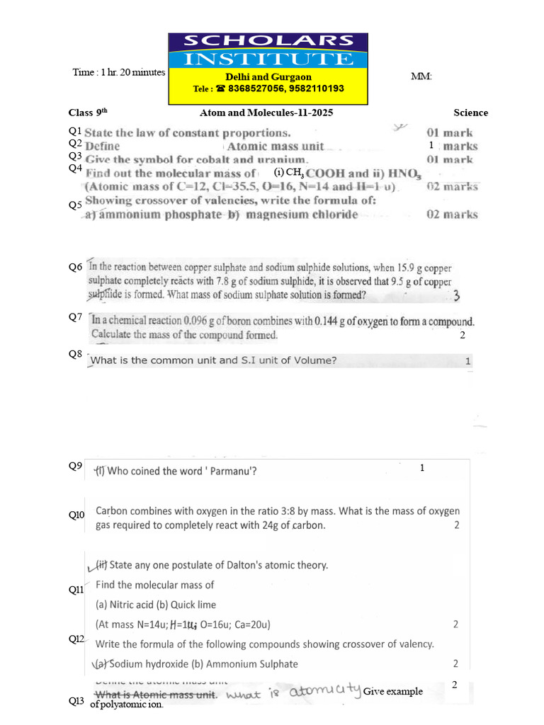 Chem Test Atoms and Molecules 2025-26 | PDF