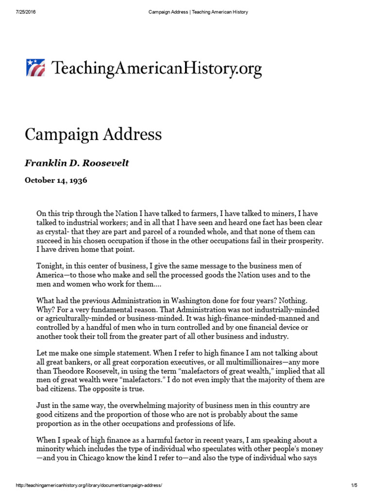 Roosevelt - 1936 - Campaign Address | PDF | Banks | Economies