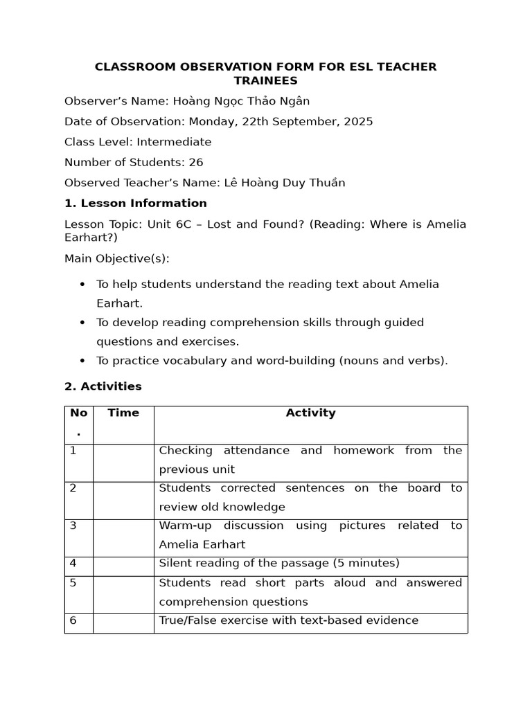 Classroom Observation Form For Esl Teacher Trainees | PDF | Reading ...