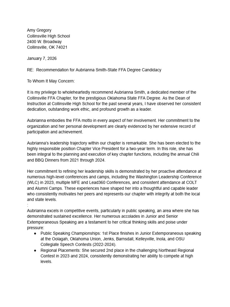 FFA State Degree Letter of Recommendation-Aubrianna Smith | PDF