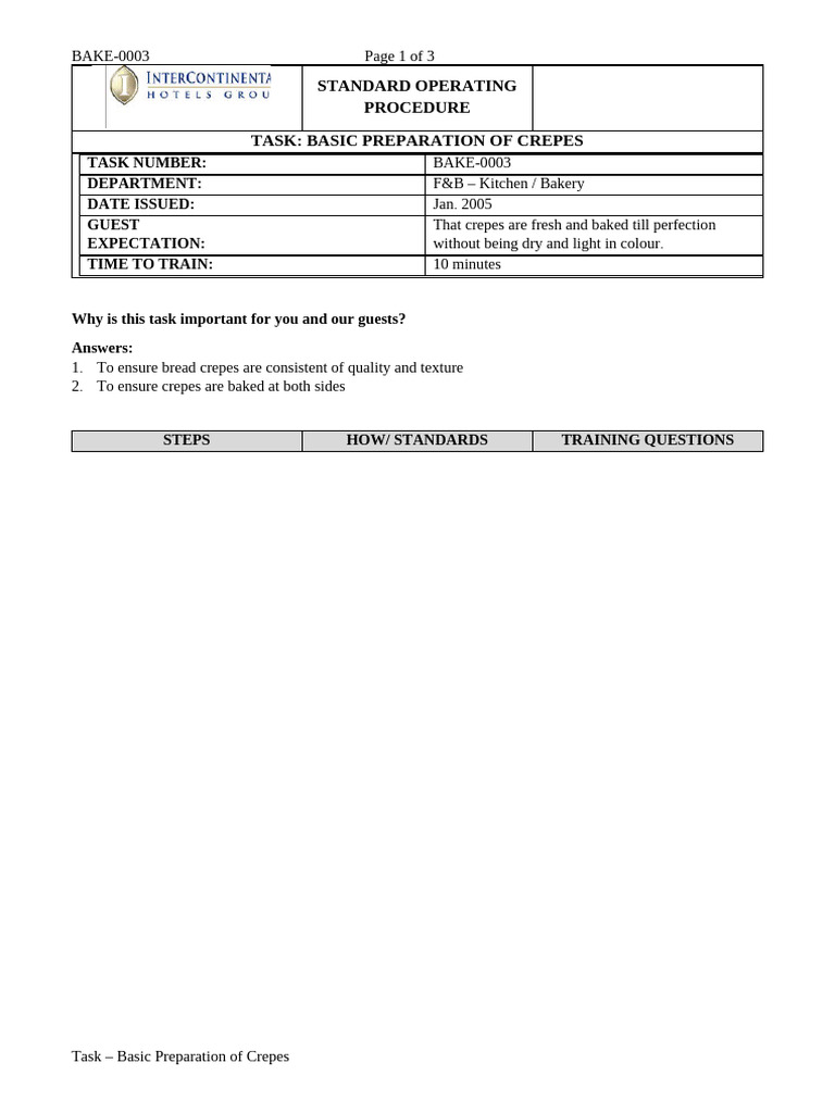 SOP Task Basic Preparation of Crepes BAKE-0003 | PDF | Baking | Batter ...