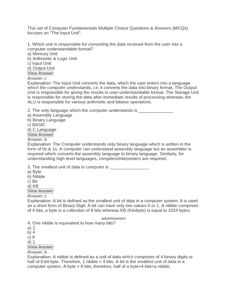 This Set of Computer Fundamentals Multiple Choice Questions | PDF | Bit ...