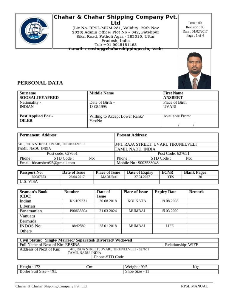 Fps 01 a Seafarers Application Form | PDF | Oil Tanker | Freight Transport