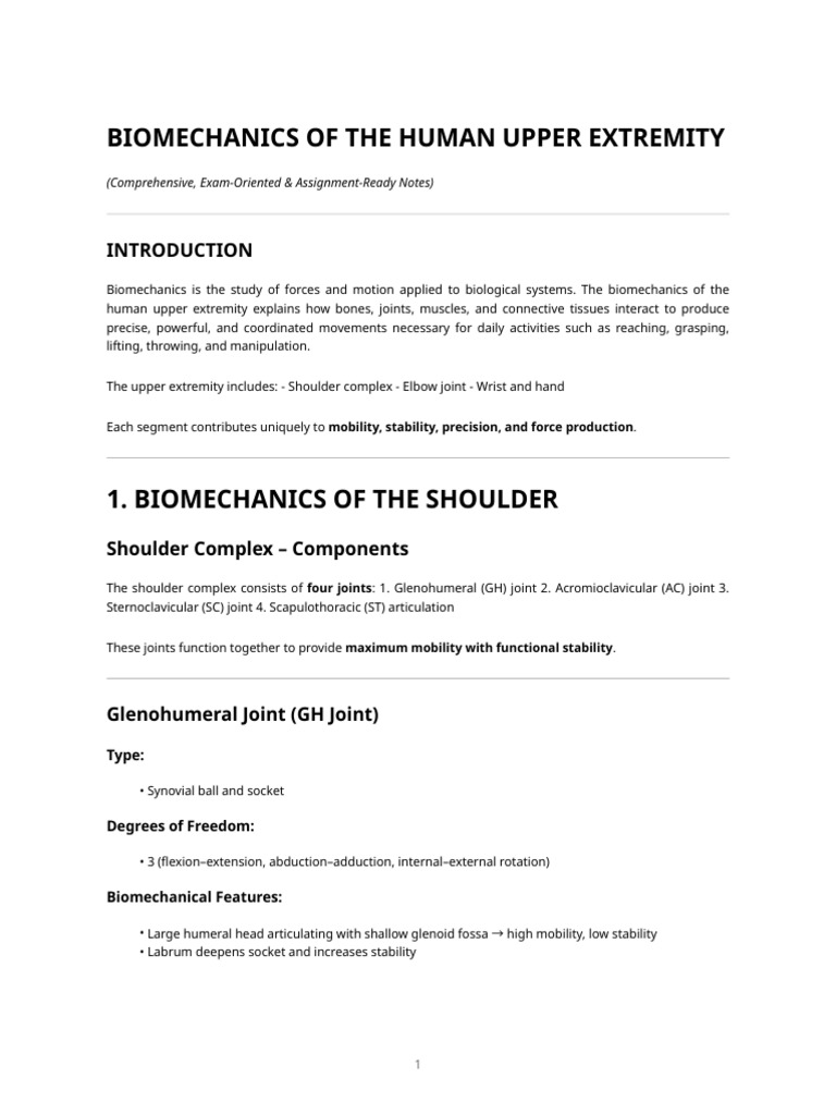 Biomechanics of The Human Upper Extremity - Complete Study Notes | PDF ...