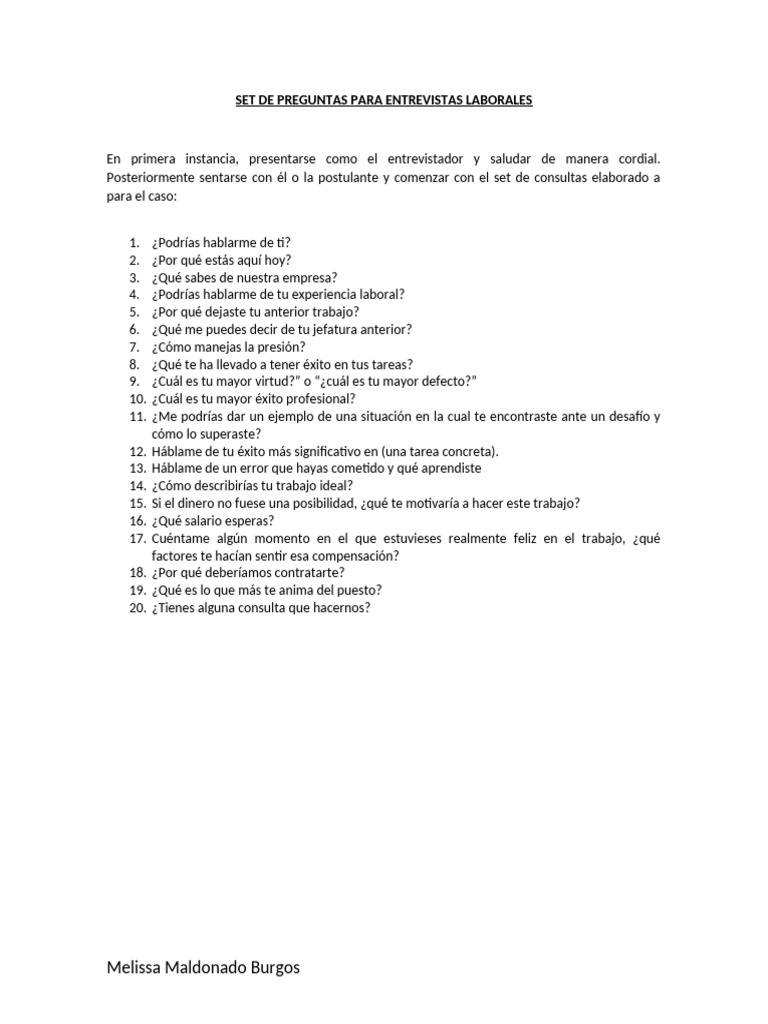 Set de Preguntas para Entrevistas Laborales | PDF