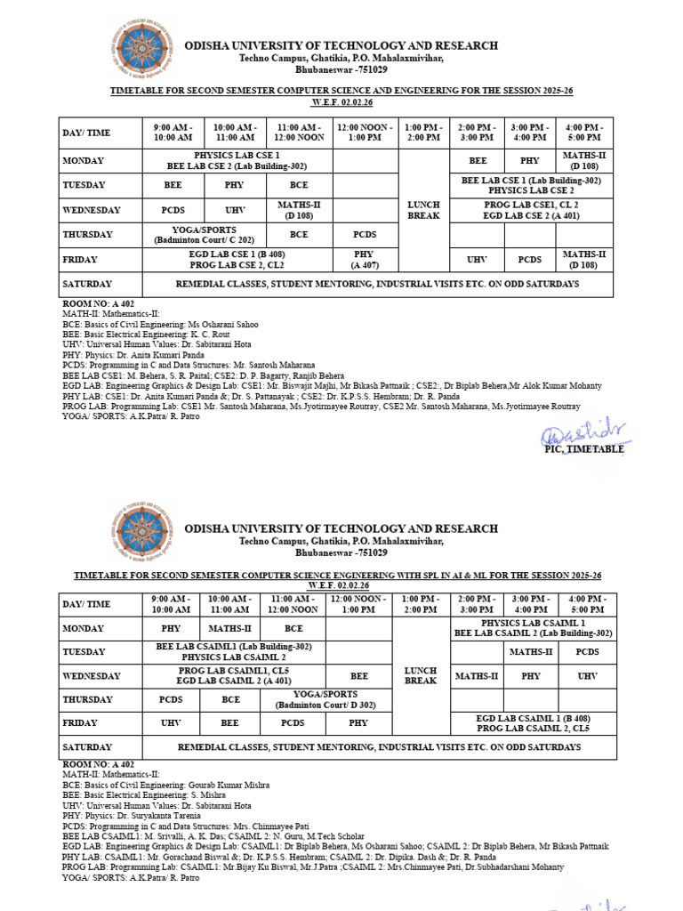 2nd Semester Ug Time Table 2025-26 Wef 02.02.26 | PDF | Engineering ...