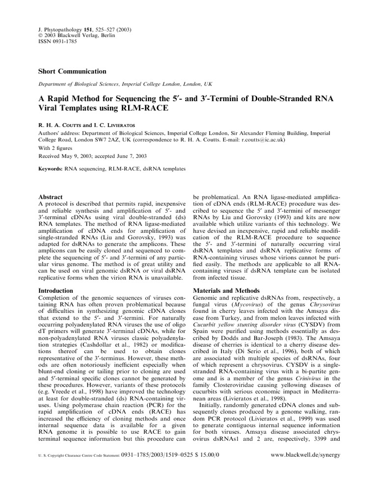 A Rapid Method for Sequencing the 5¢- and 3¢-Termini of Double-Stranded ...