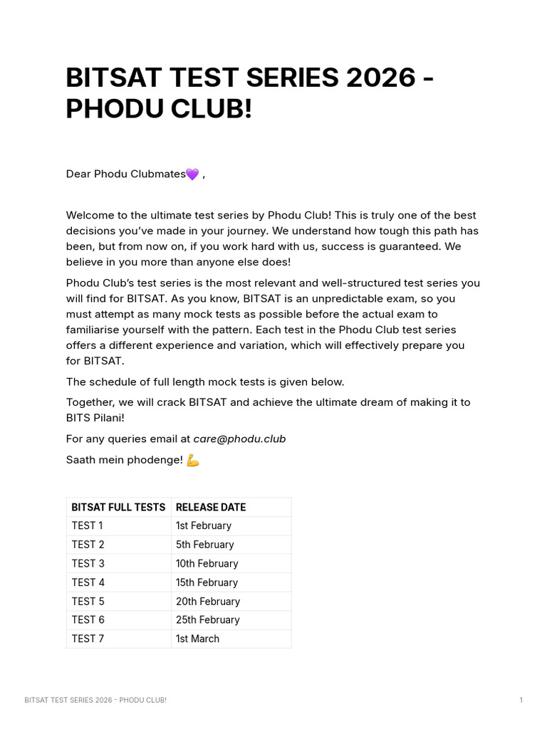 Bitsat Test Series 2026 - Phodu Club! | PDF