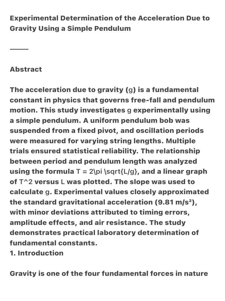Experimental Determination of The Acceleration Due To Gravity Using ...