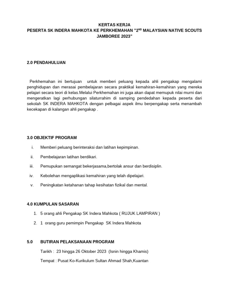 Kertas Kerja Native Jamboree Malaysia 2023 | PDF