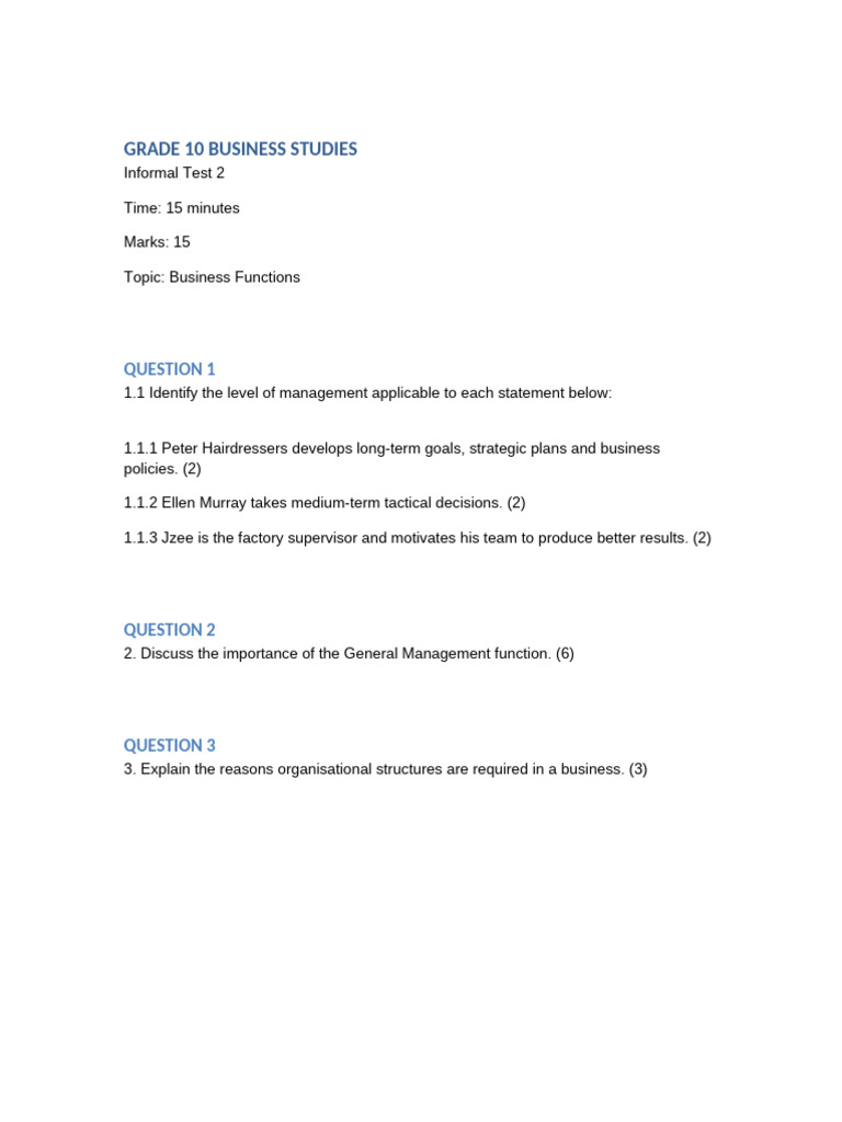 Grade 10 Business Studies Test | PDF