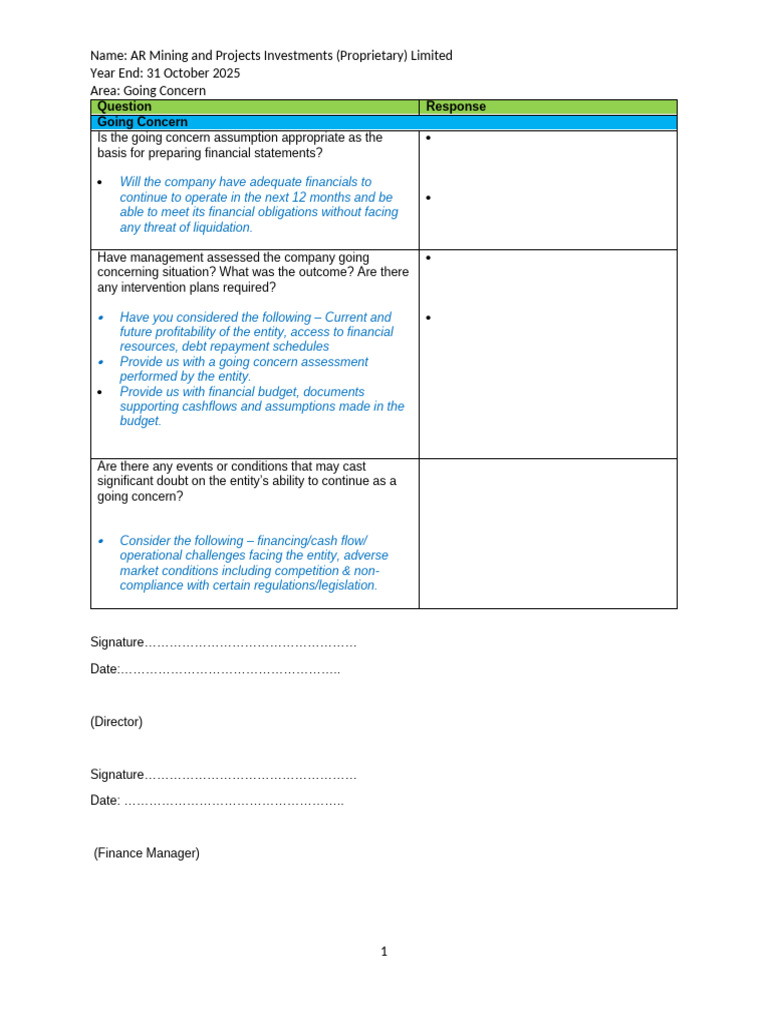 7.going Concern Questionnaire 2025 | PDF