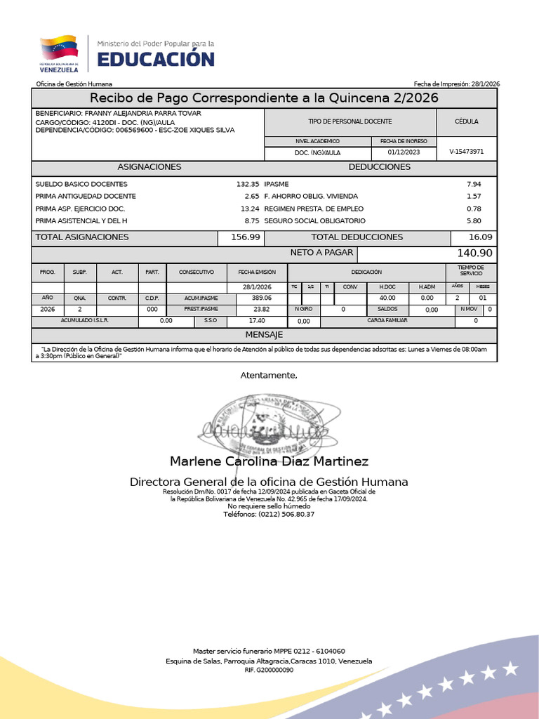 Recibo de Pago Correspondiente A La Quincena 2/2026: Asignaciones ...