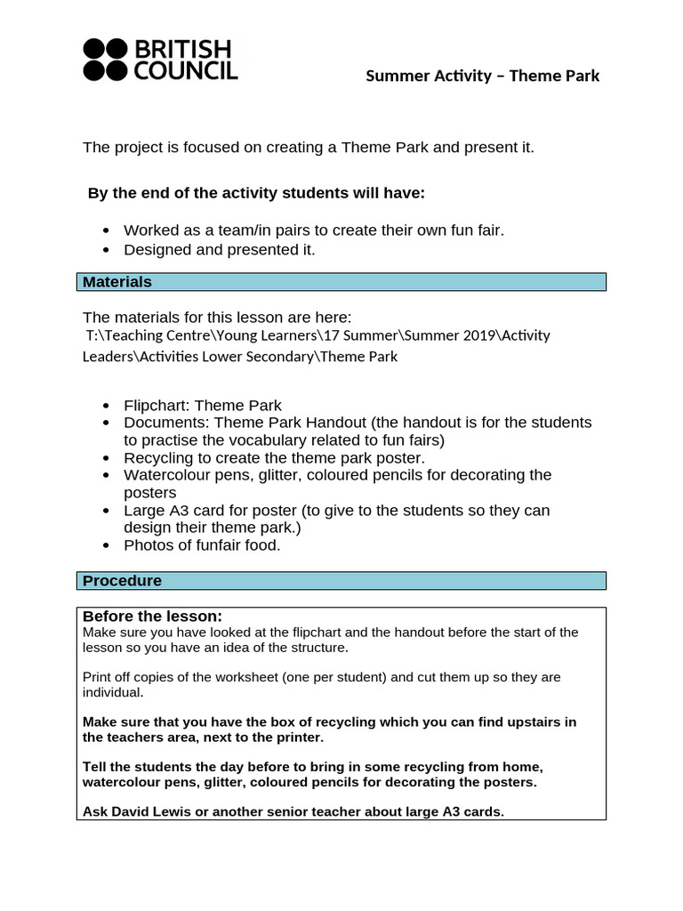 New Theme Park Lesson Plan | PDF
