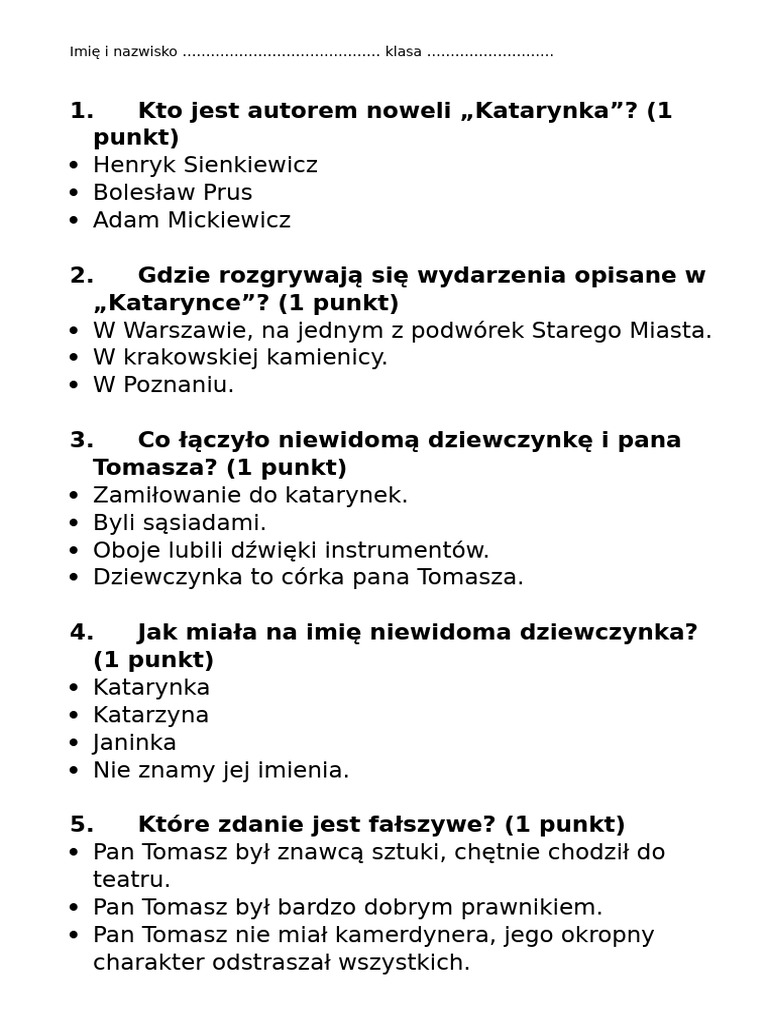 Katarynka - Kartkówka Z Treści | PDF