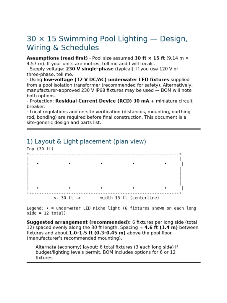 30x15 Pool Lighting — Design^J Wiring Diagram^J Boq ^0 Bom | PDF ...
