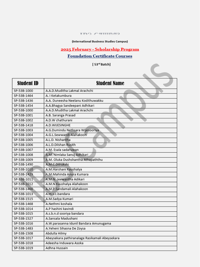 IBS Campus 53SP Batch Student ID List II | PDF