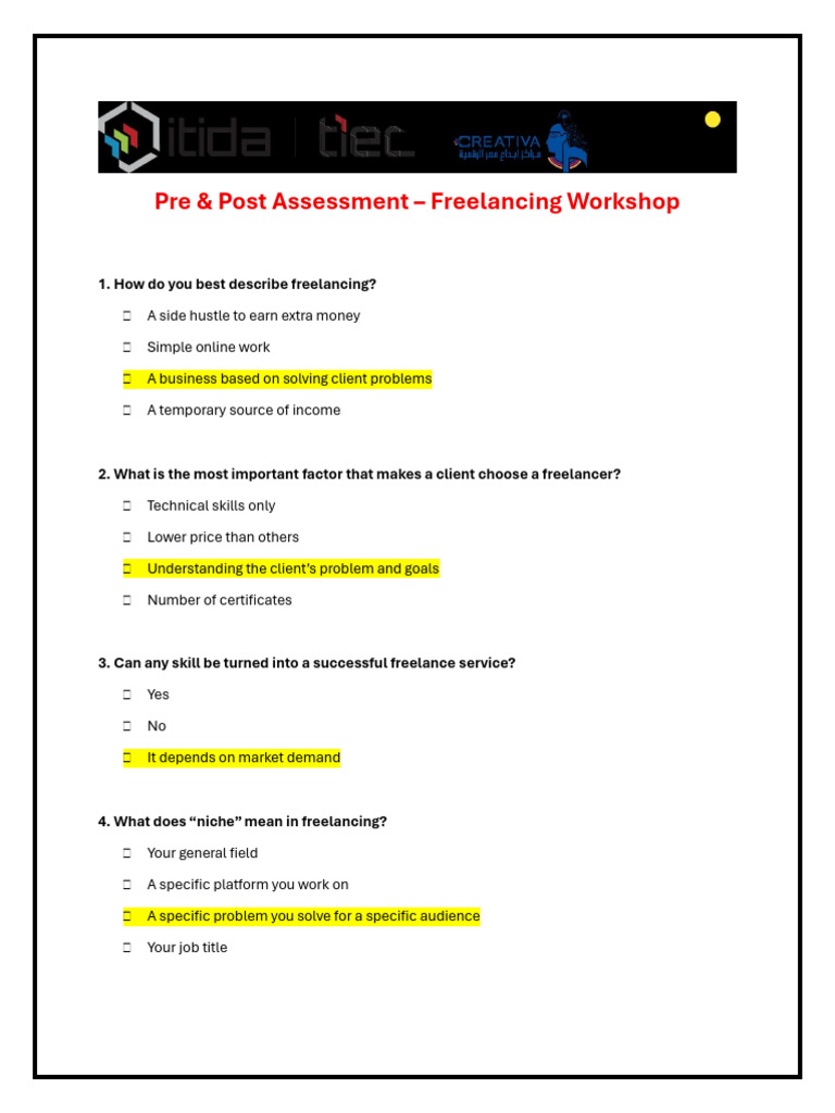Pre & Post Assessment – Freelancing Workshop | PDF