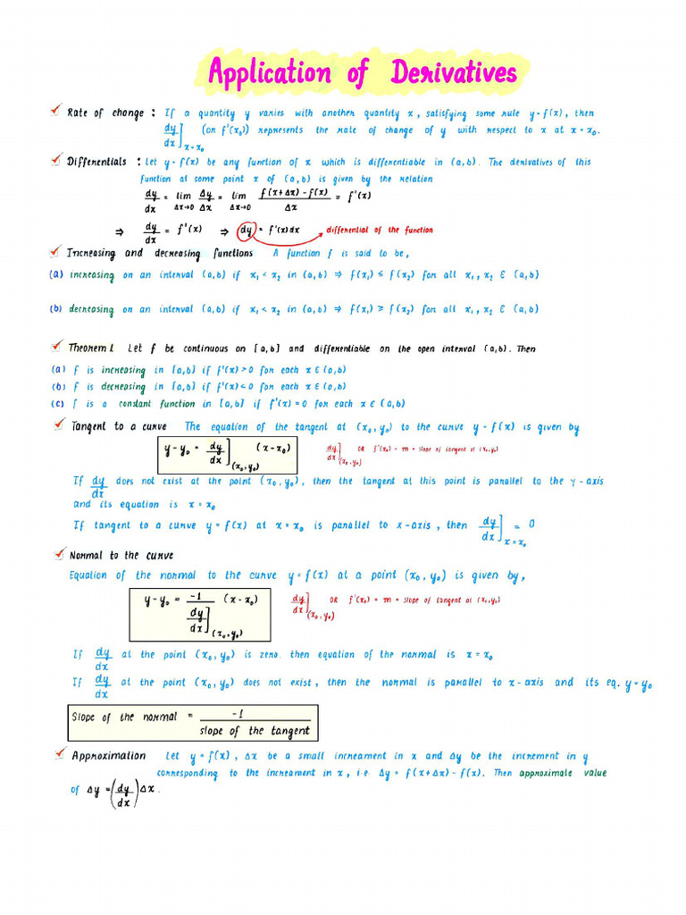 Application of Derivatives Formula Sheet | PDF