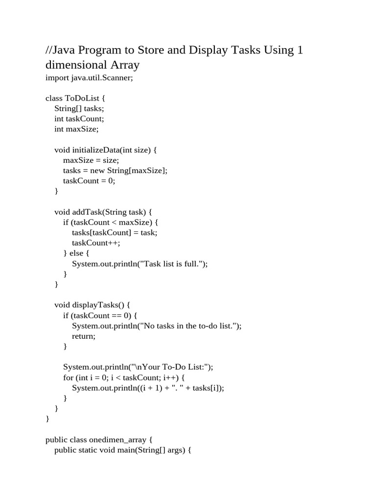 Java Program to Store and Display Tasks Using 1 Dimensional Array | PDF