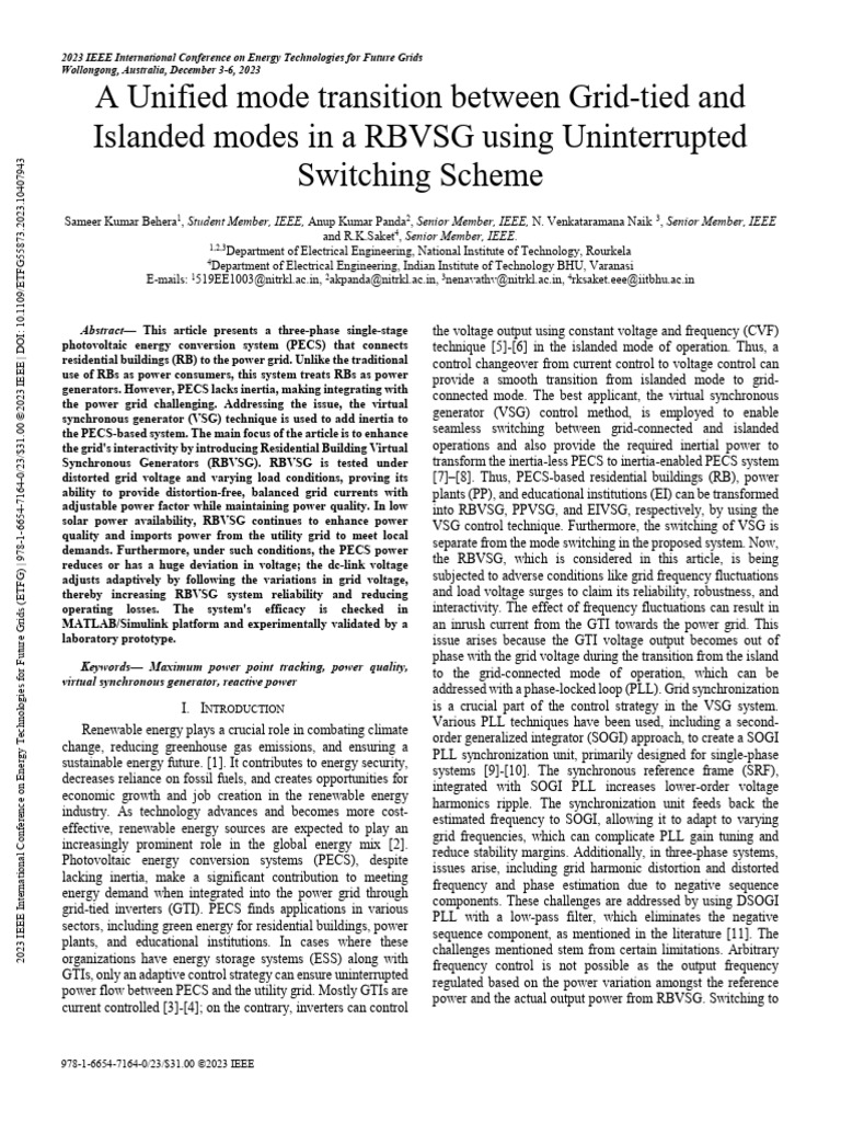 A Unified Mode Transition Between Grid-tied and Islanded Modes in a ...