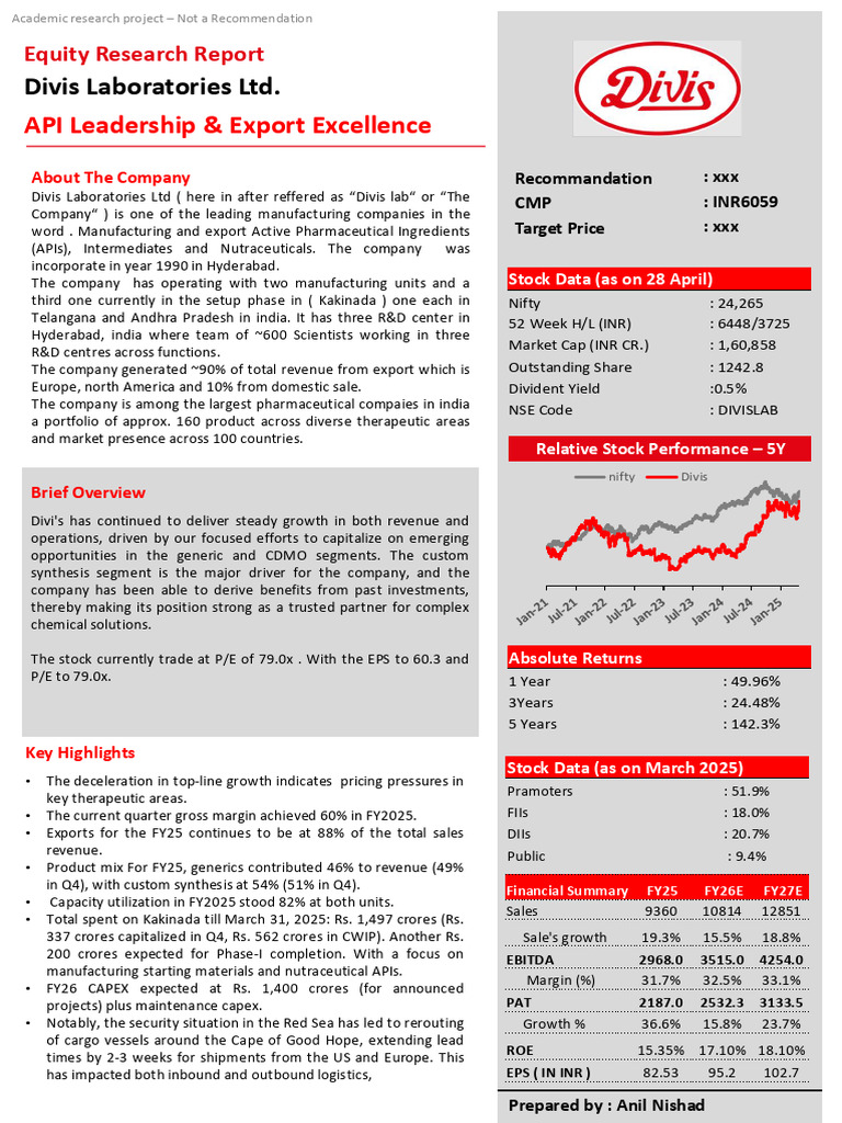 Divi's Lab Research Report | PDF | Generic Drug | Pharmaceutical Industry