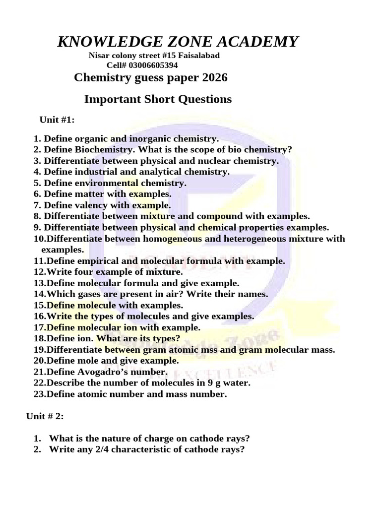 Chemistry Guess Paper 2026 | PDF | Redox | Chemistry