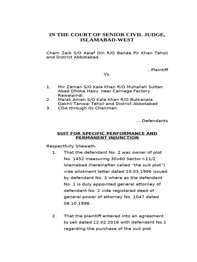 Suit for Specific Perofrmance and Permanent Injunction Chan Zeb vs Meer ...