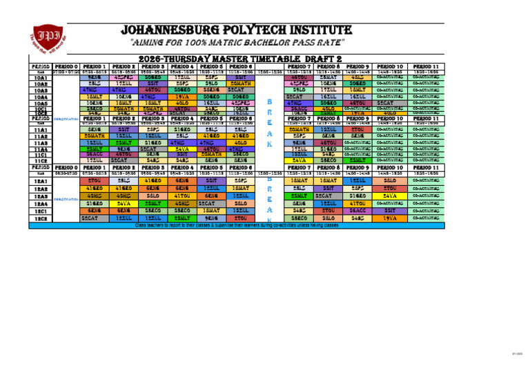 2026-Thursday Master Timetable Draft 2 - 123044 | PDF