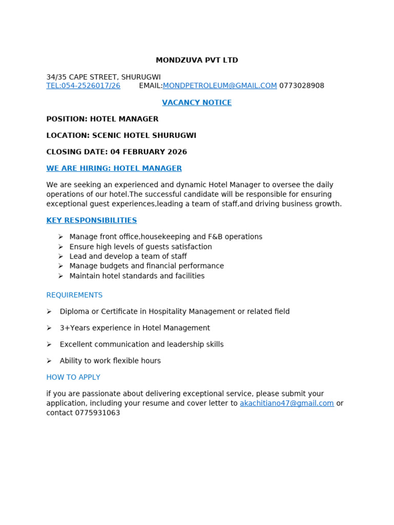 Vacancy Notice Hotel Manager-1 | PDF