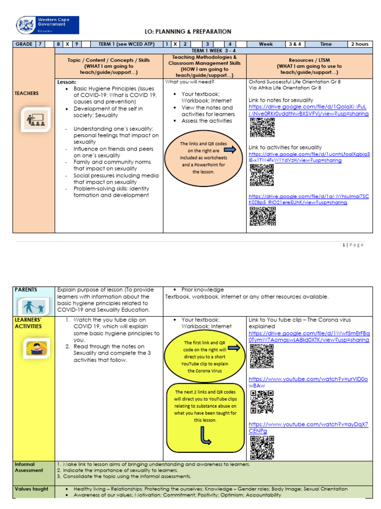 Lesson Plan Gr. 8 Life Orientation T1 Week 3&4 | PDF | Adolescence ...