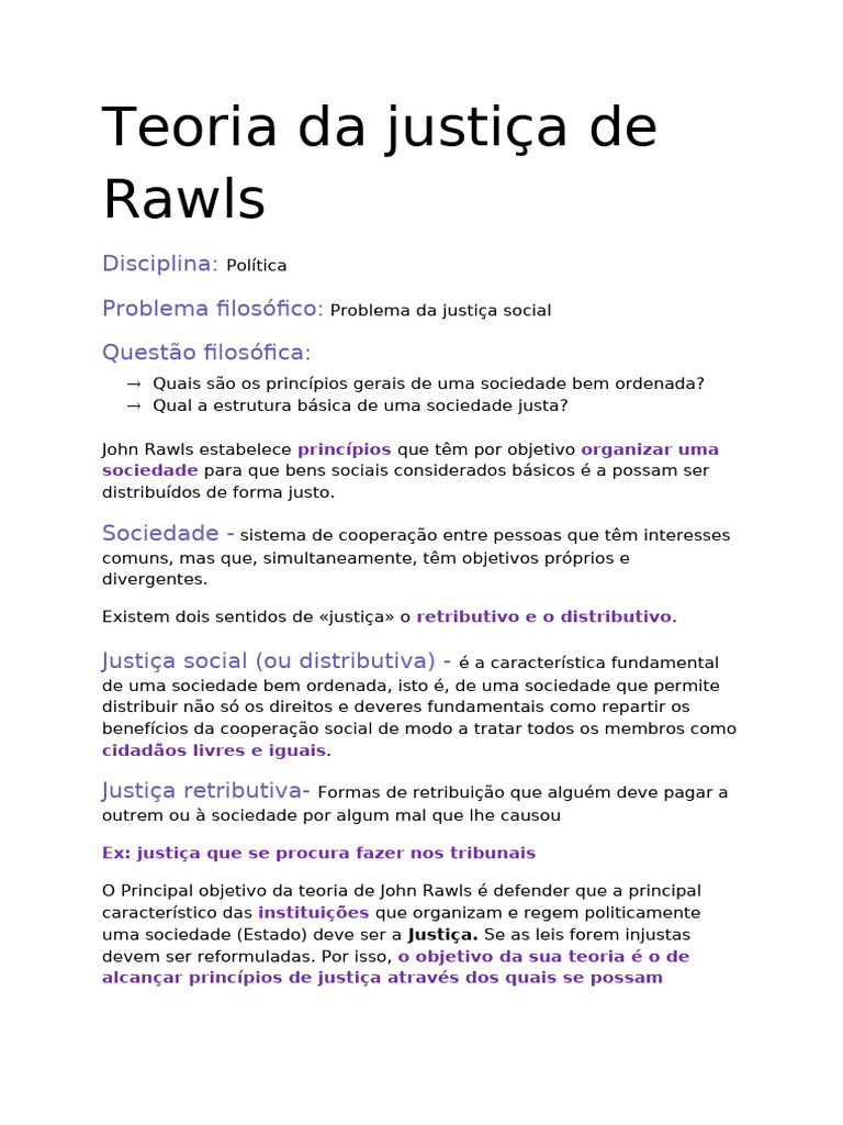 Teoria Da Justiça de Rawls | PDF | John Rawls | Justiça