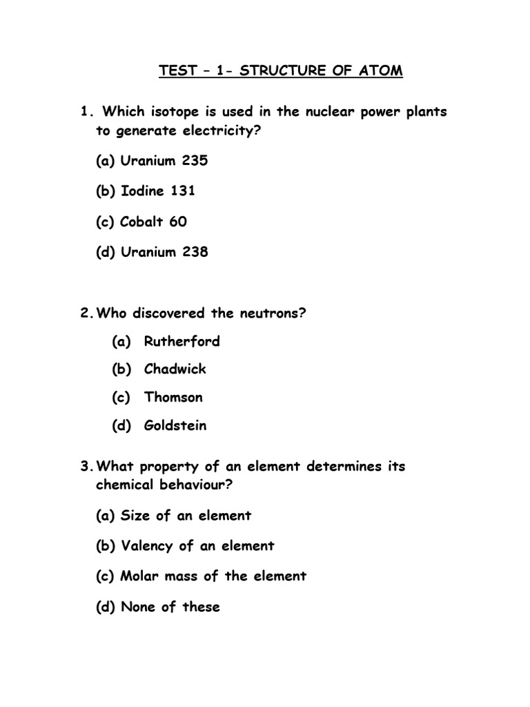 Revision Test - 1 - Structure of Atom | PDF | Atoms | Atomic Nucleus