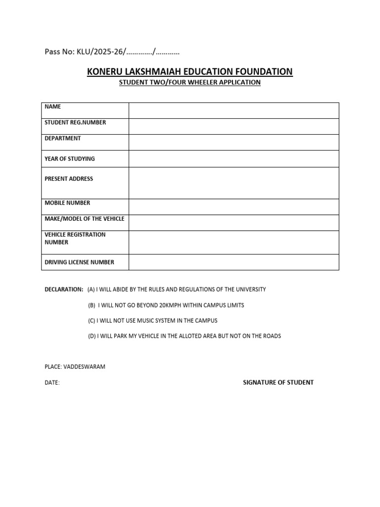 2 Wheeler Application Form for Students | PDF