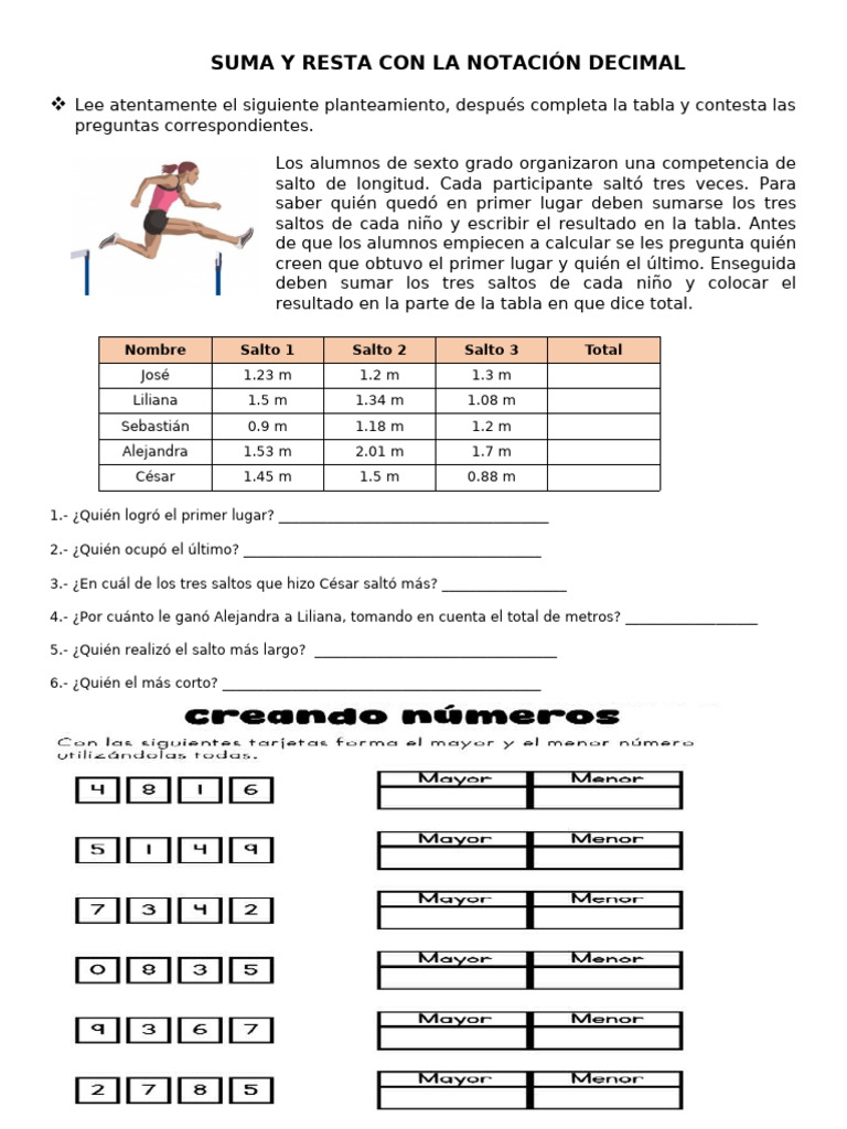 Suma y Resta Con La Notación Decimal 6to Año | PDF
