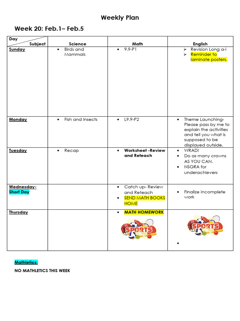 Plan of Week 20 | PDF
