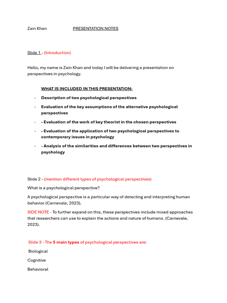 Perspectives in Psychology (Presentation Notes) | PDF | Humanistic ...