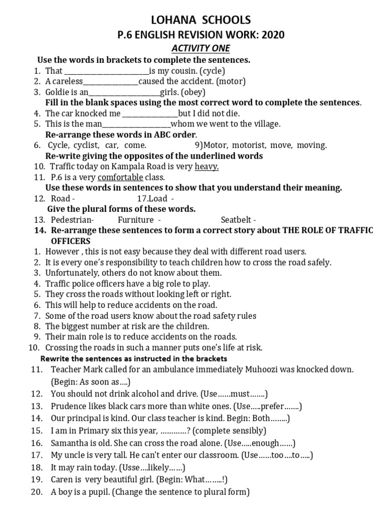 Lohana Schools p.6 English Revision Work 2020 Activity One | PDF ...