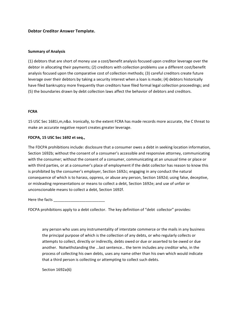 Debtor Creditor Answer Template | PDF | Collection Agency | Debt