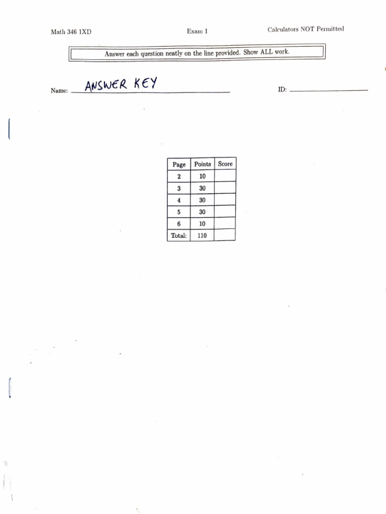 Math 346 Sample Exam 1, Version 2 - Solutions | PDF