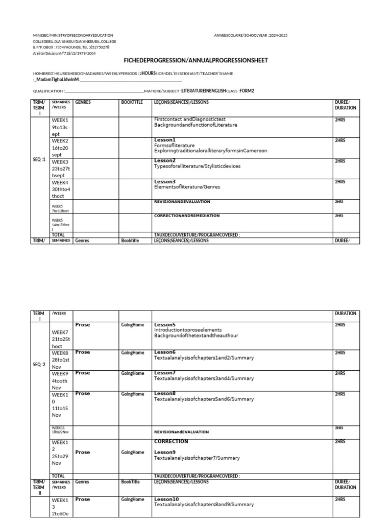 Form 2 Literature Progression Sheet Model 2021-2022 - -1 | PDF