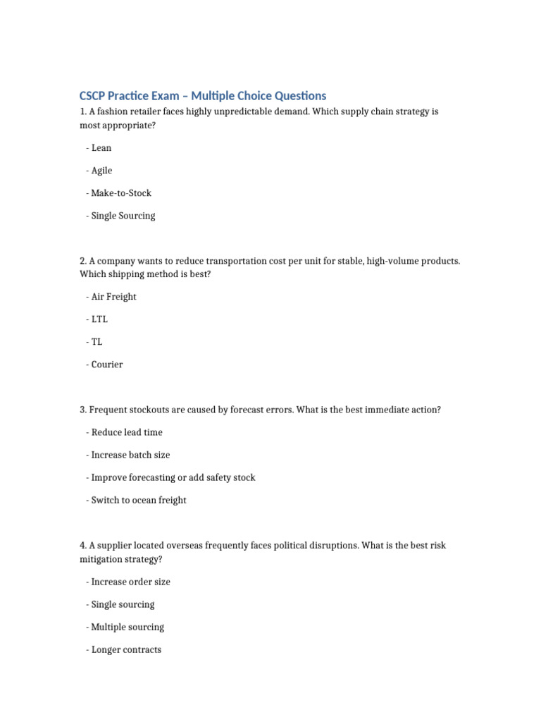 CSCP Practice Exam | PDF | Inventory | Cargo