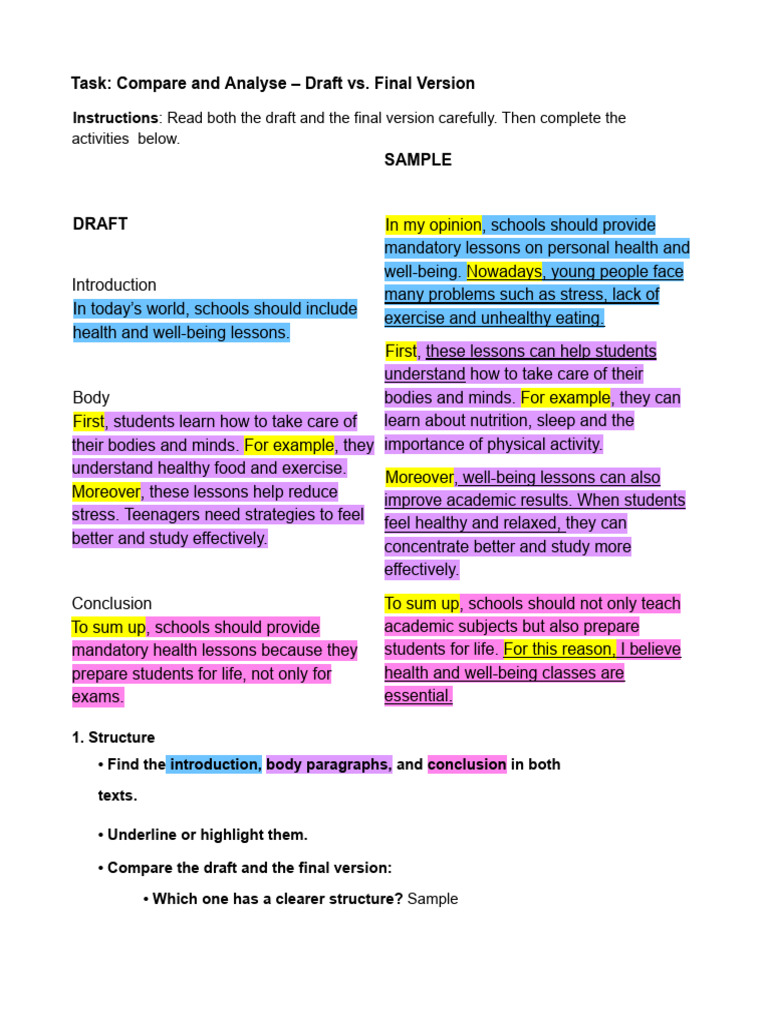 Task Compare and Analyse – Draft vs. Final Version (1) | PDF ...