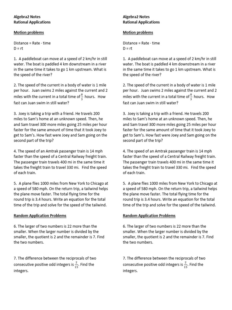 Day 8 - Rational Applications Motion Problems | PDF | Speed | Train