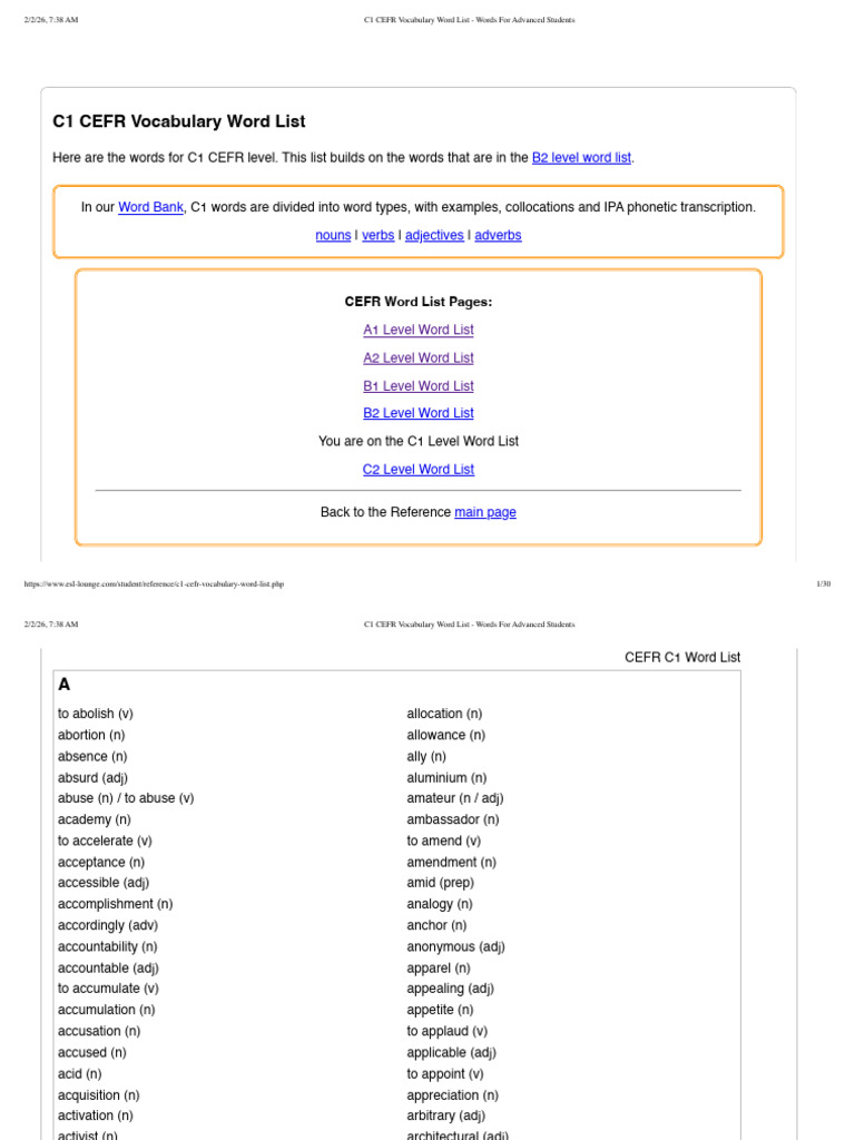 C1 CEFR Vocabulary Word List - Words For Advanced Students | PDF