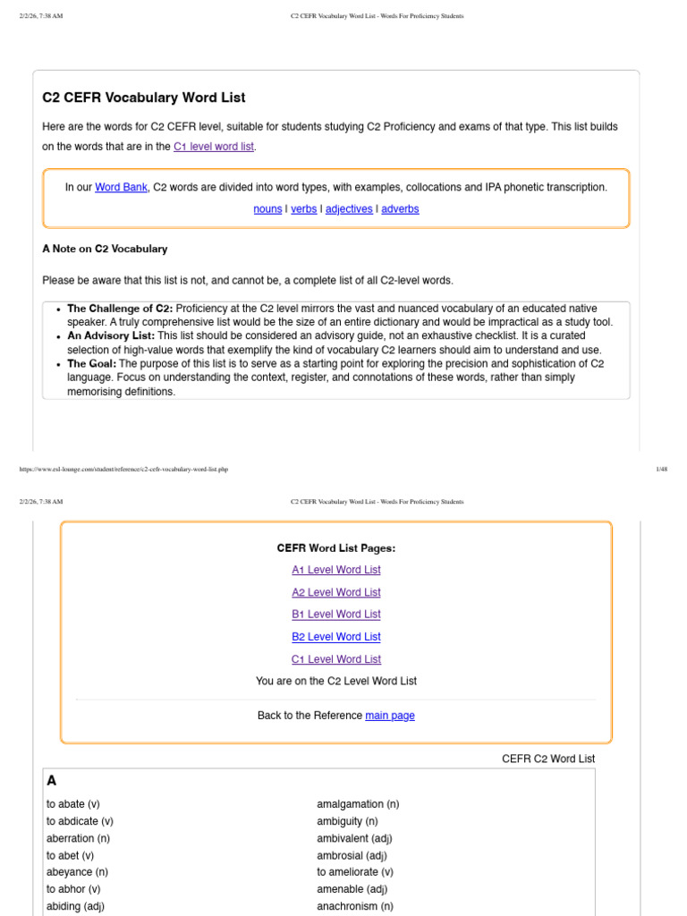 C2 CEFR Vocabulary Word List - Words For Proficiency Students | PDF ...
