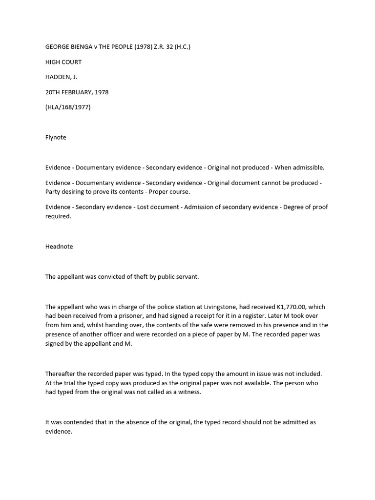 George Bienga V The People (1978) Z.R. 32 (H.C.) | PDF | Witness ...
