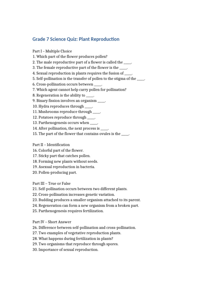 Grade7 Plant Reproduction Quiz | PDF